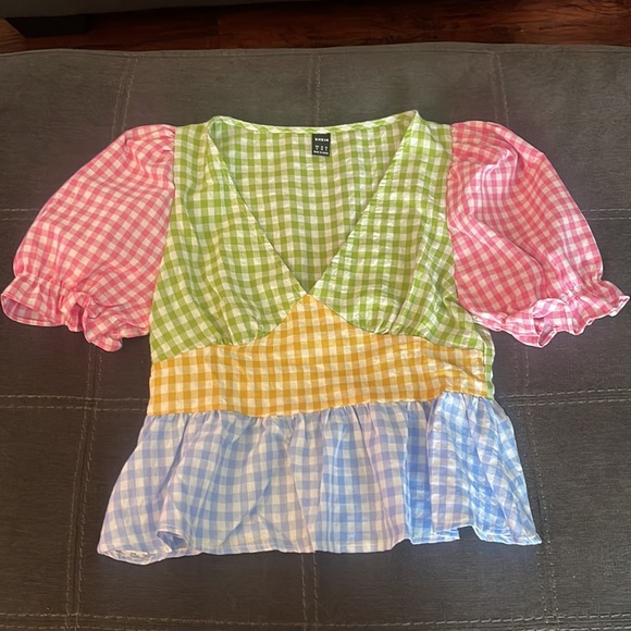 SHEIN | Tops | 325 Shein Gingham Puff Sleeve Peplum Top Nwt | Poshmark